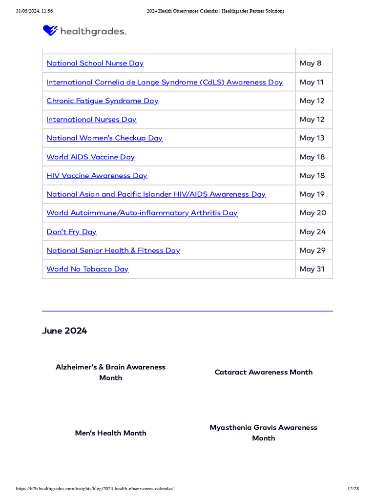 2024 Health Observances Calendar | PDF | Human Diseases And Disorders ...