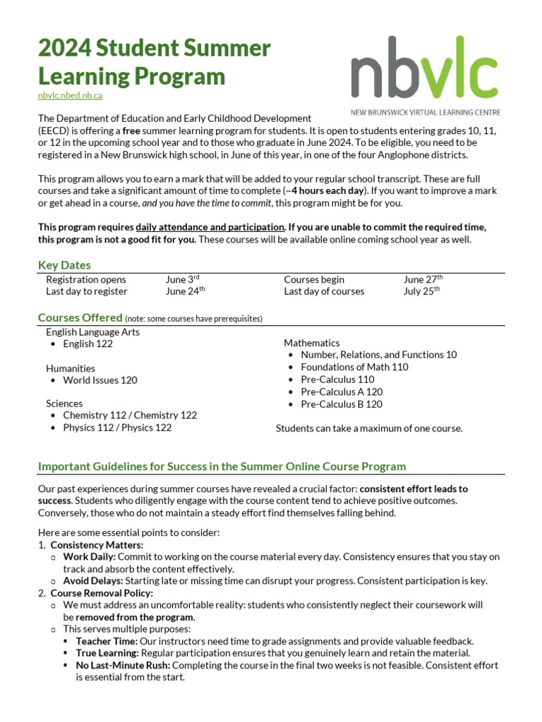 NBVLC Summer Learning For Students 2024 | PDF | Educational Technology