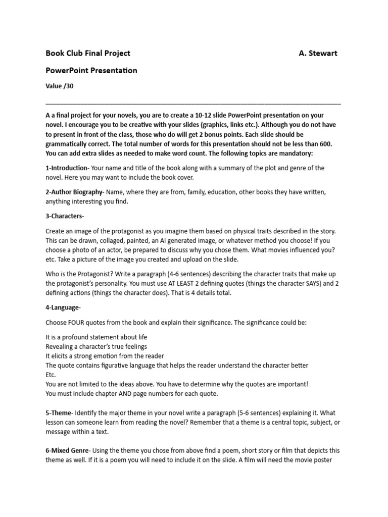 Book Club Project: Novel Presentation Guide | PDF | Books | Microsoft ...
