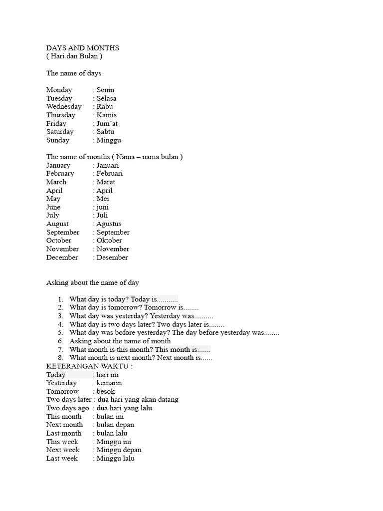 Days and Months in Indonesian Language | PDF | Language Arts ...