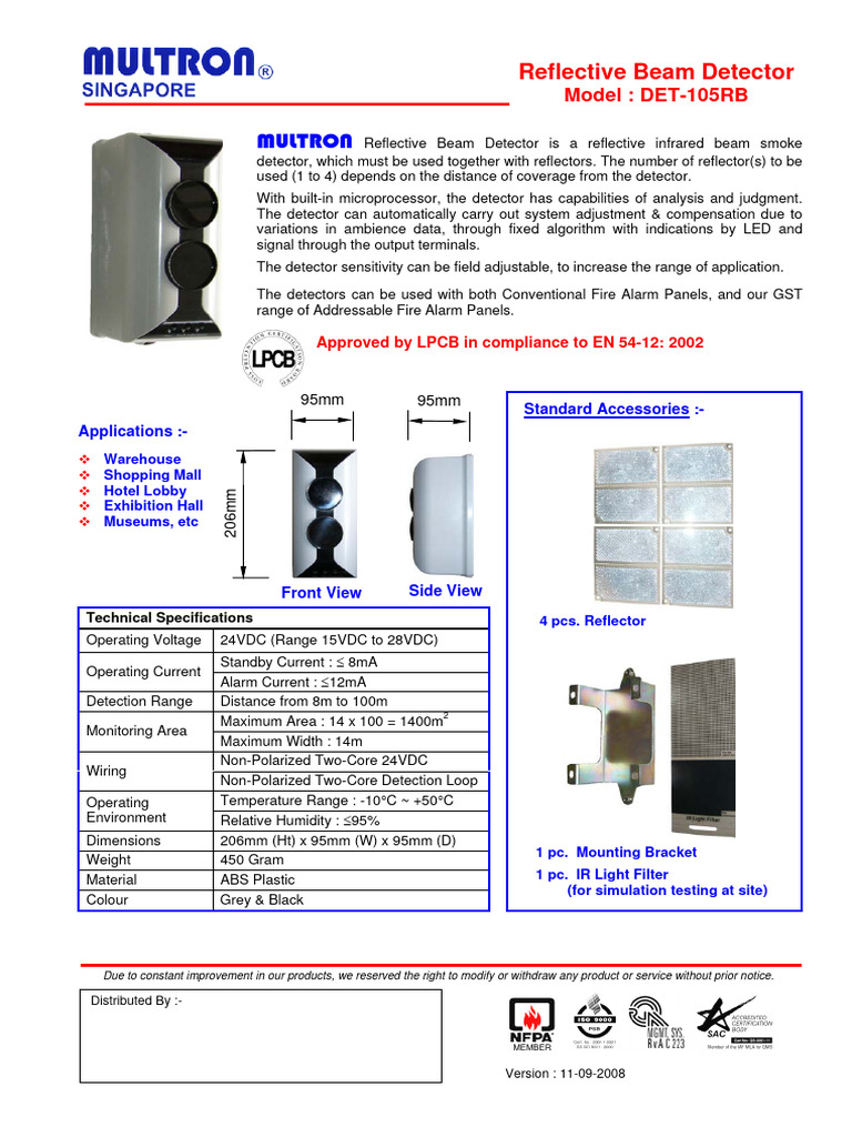 英文型錄-MULTRON 反射式煙霧探測器DET-105RB | PDF | Sensor | Infrared