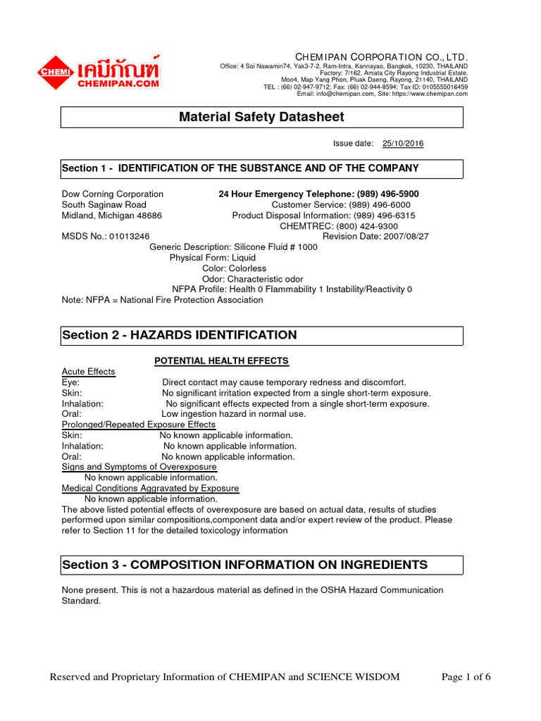 MSDS CC1906 A Silicone Oil 1000 PDF | PDF | Sewage Treatment | Toxicity