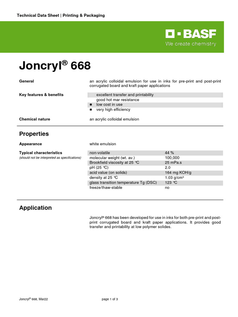 Joncryl 668 TDS | PDF | Viscosity | Poly(Methyl Methacrylate)