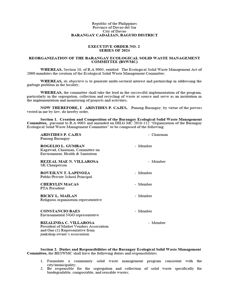 Executive Order Beswmc | PDF | Waste Management | Municipal Solid Waste