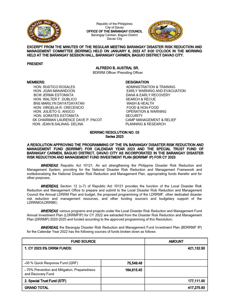 Bdrrmc Resolutions Pdf Emergency Management Risk