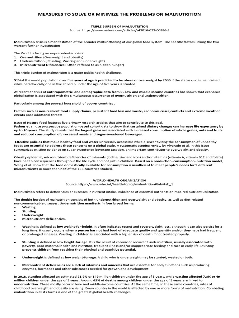 Measures To Solve or Minimize The Problems On Maln | PDF | Malnutrition ...
