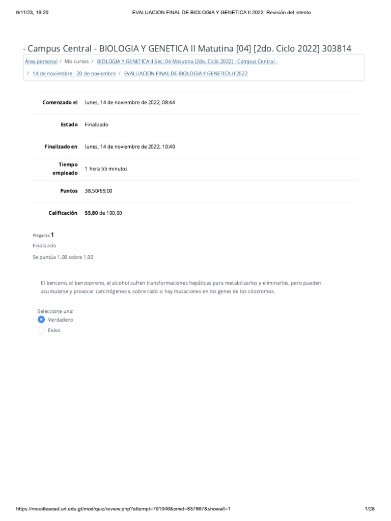 EVALUACION FINAL DE BIOLOGIA Y GENETICA II 2022 - Revisión Del Intento ...