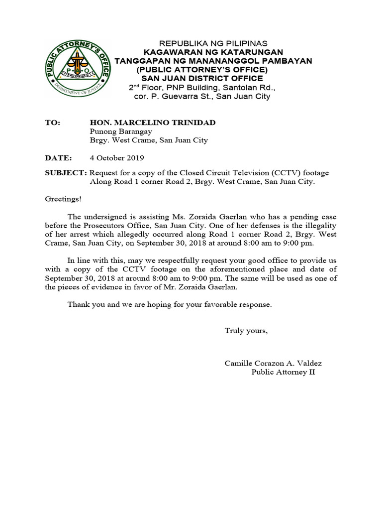 Letter Request For CCTV-Zoraida Gaerlan | PDF