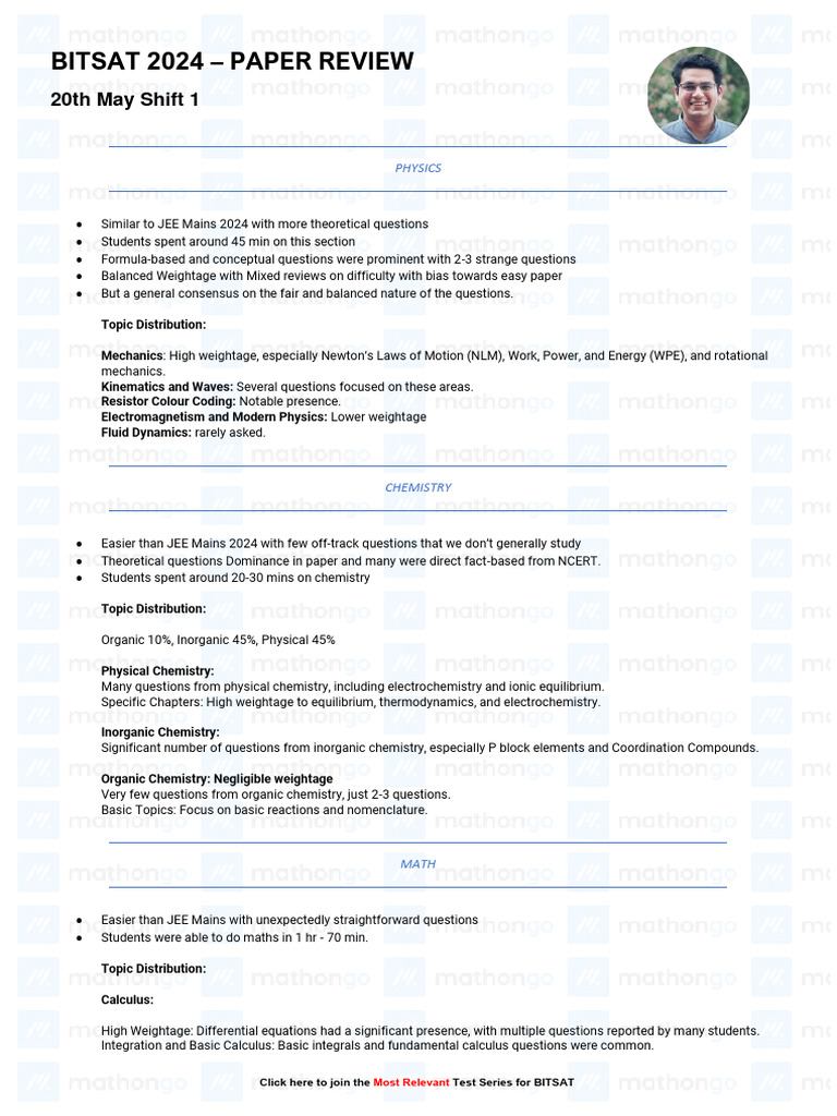 20 May Shift 1 - BITSAT 2024 - Paper Analysis by MathonGo | PDF ...