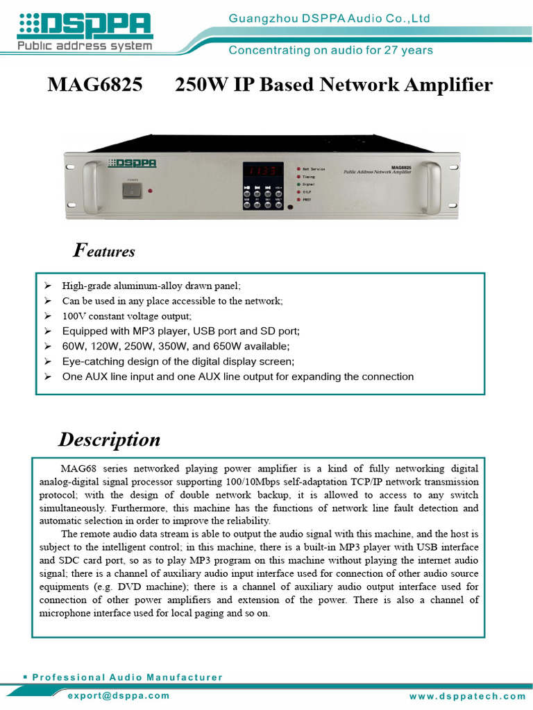 Data Sheet Mag6825 250w Ip Based Network Amplifier | PDF | Amplifier | Distortion
