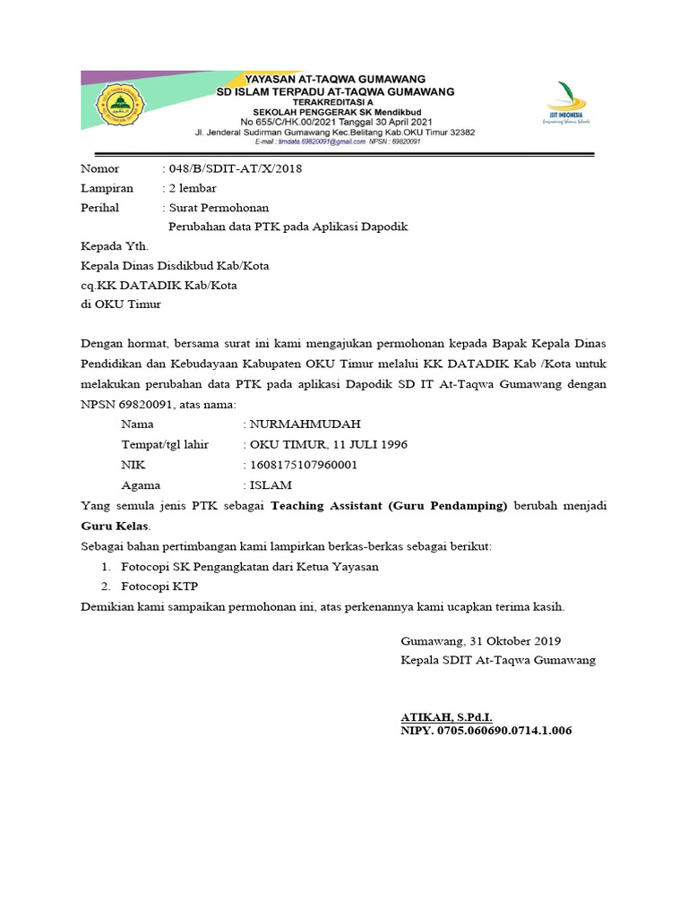 Surat Permohonan Pengajuan Perubahan Data PTK Dan PD Di Dapodik | PDF