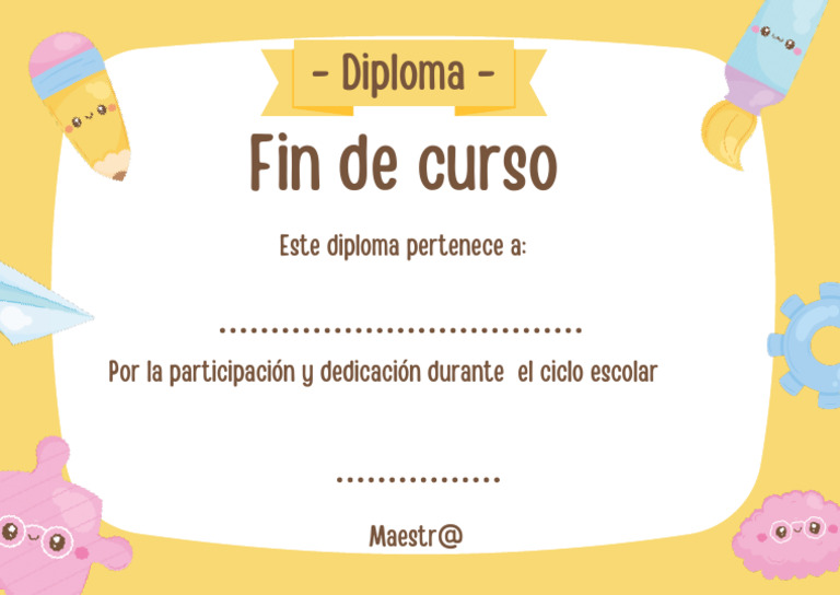 Certificado Diploma Fin de Curso Infantil Amarillo | PDF