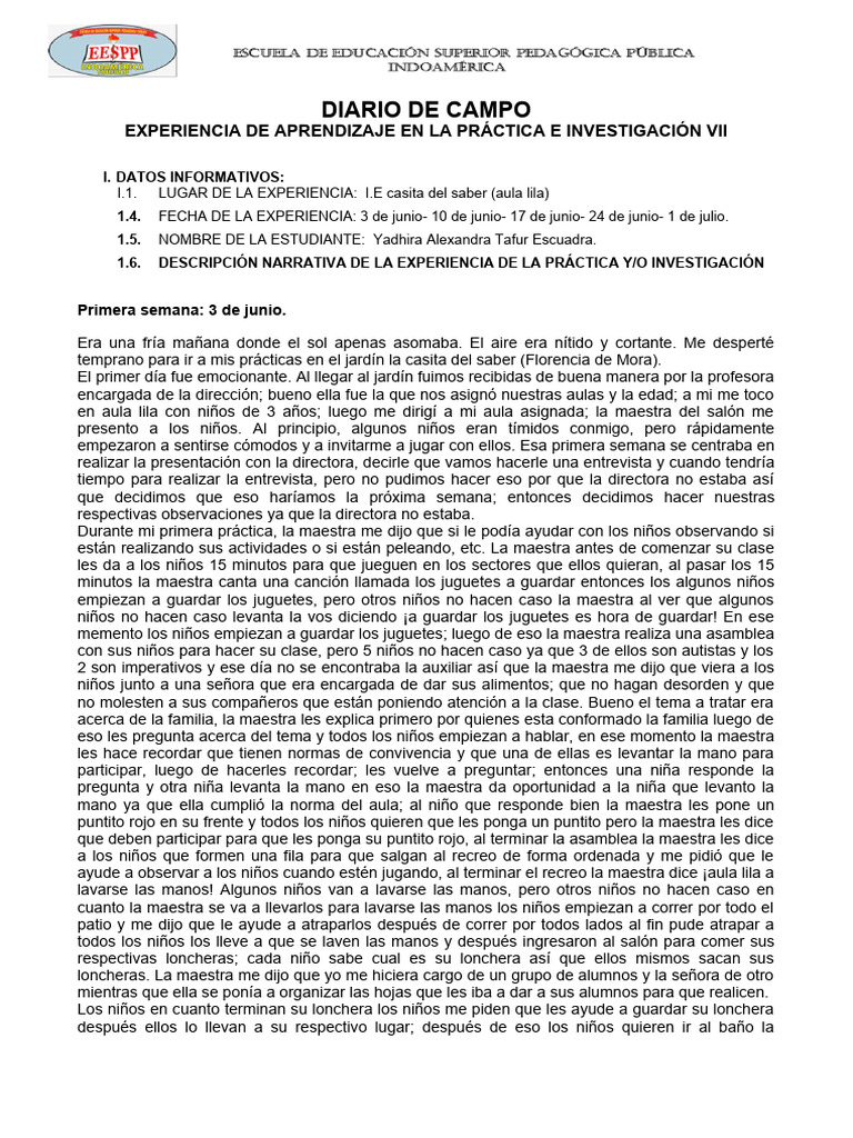 DIARIO DE CAMPO PRACTICA texto narrativo. imprimir | PDF