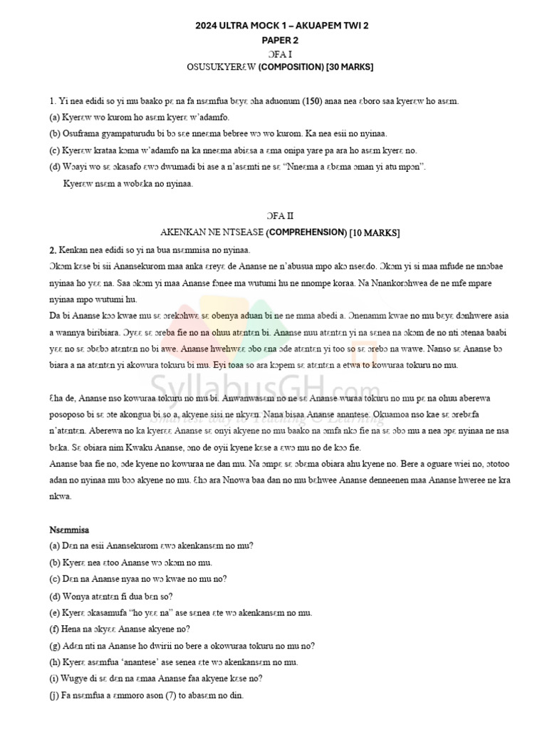 2024 Ultra Mock 1 Akuapem Twi 2 | PDF | Foreign Language Studies