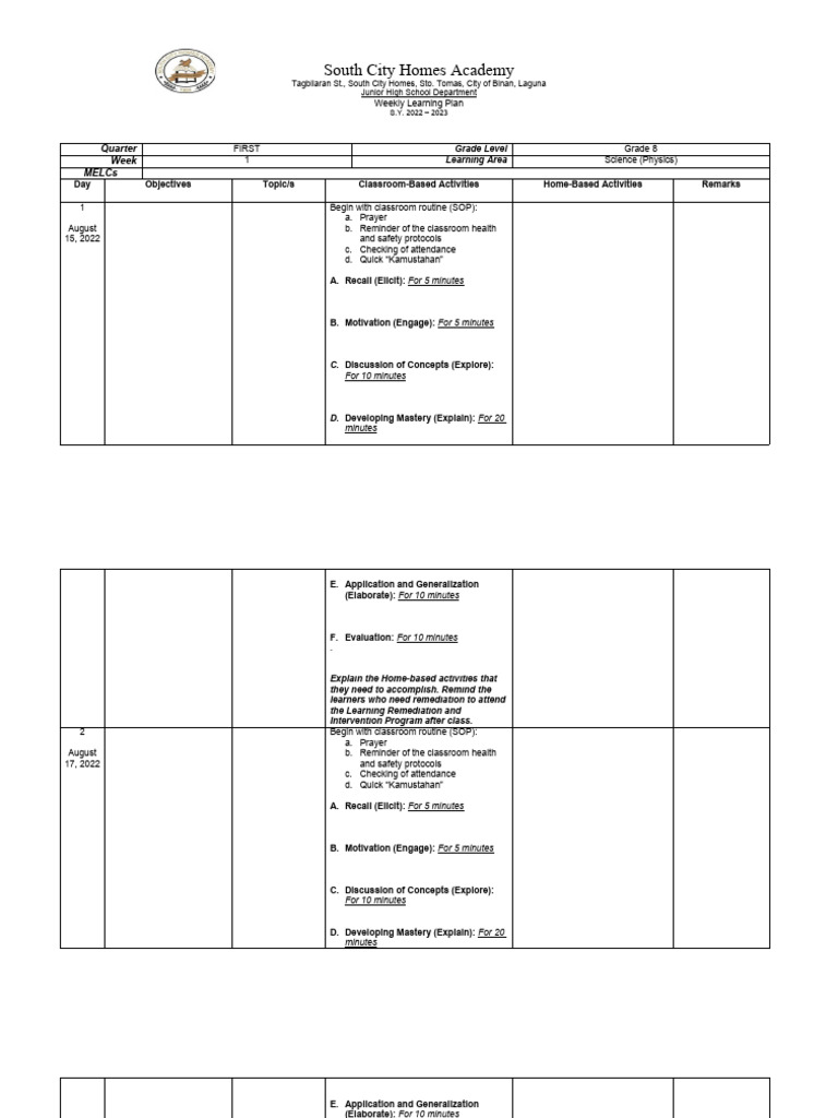 Weekly Learning Plan_ Junior High School Department Template - Copy | Download Free PDF ...