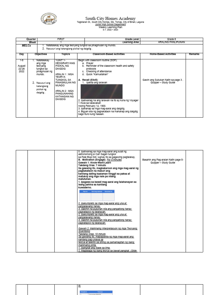 Weekly Learning Plan - Week 1 | PDF