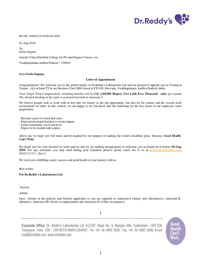 Gorla Suguna DR Reddy's Lab | PDF | Life Insurance | Salary
