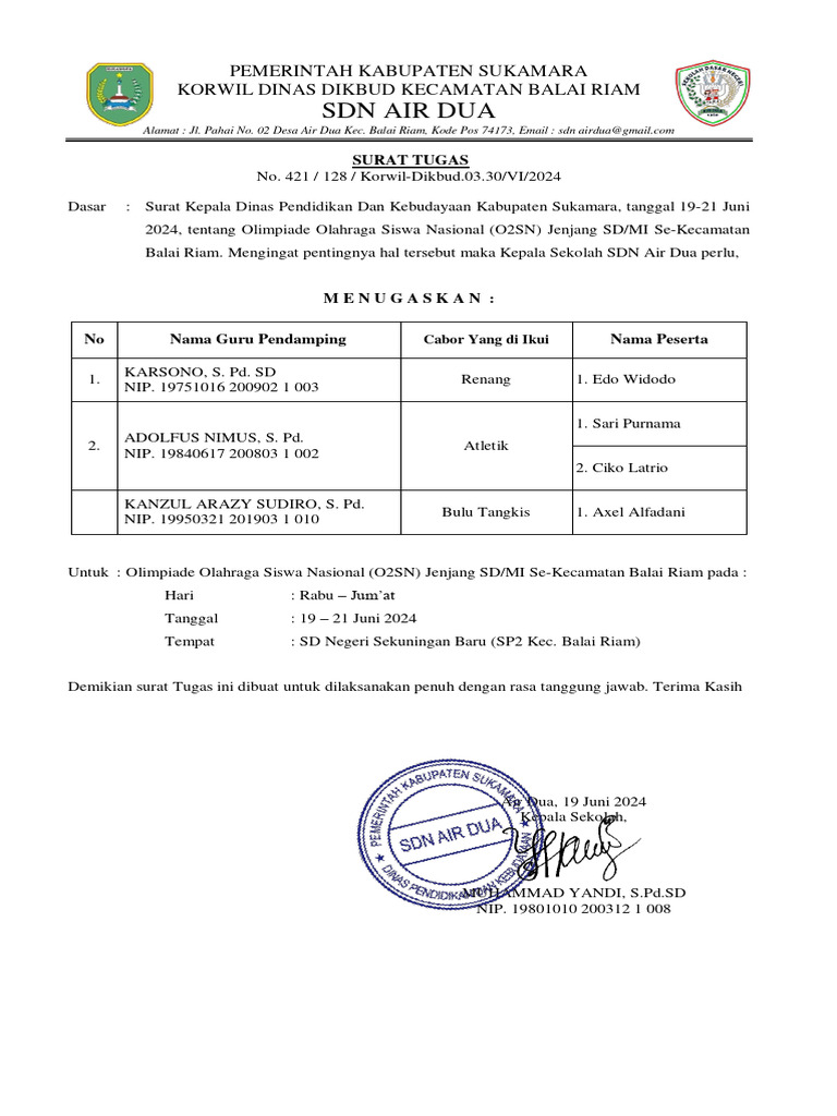 Surat Tugas Pendamping O2SN 2024 Ke SDN Air Dua | PDF