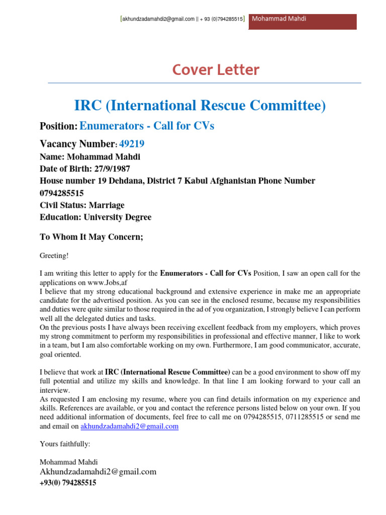 Cover Letter for IRC Enumerator Position | PDF | Business