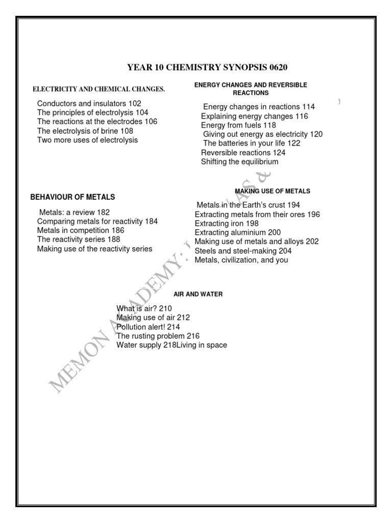 YEAR 8 and 10 CHEMISTRY SYNOPSIS 0620 | PDF | Metals | Chemistry