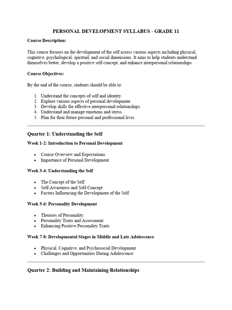 Grade 11 Personal Development Syllabus | PDF | Self Concept | Personal ...