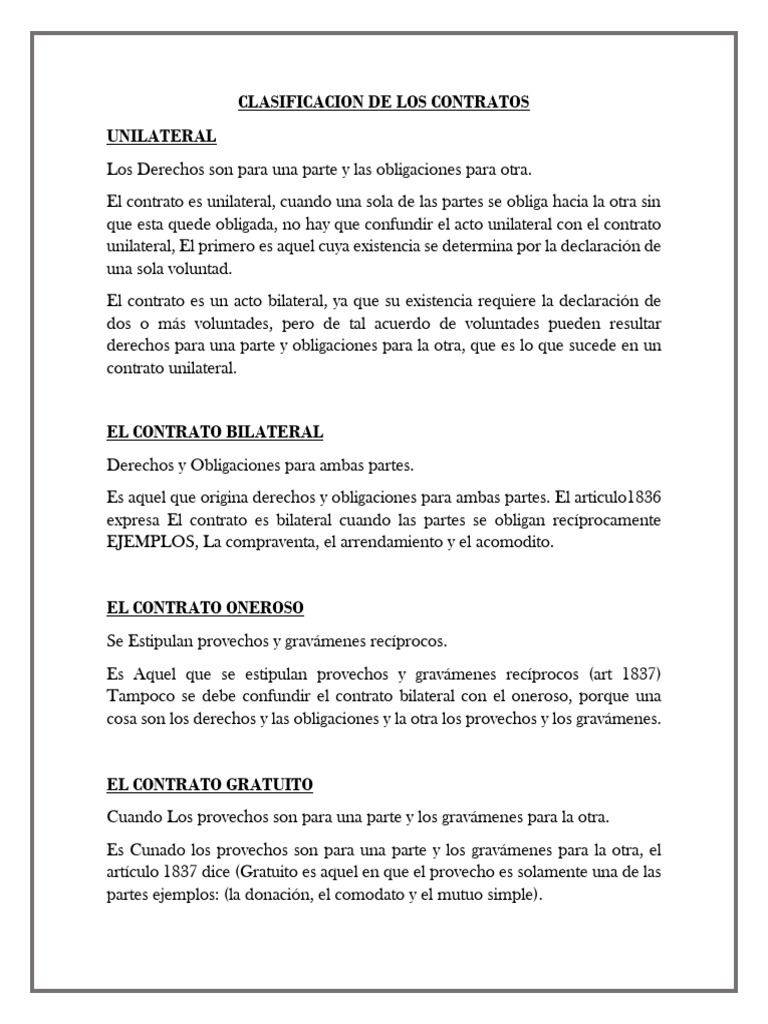 Tipos de Contratos: Unilaterales y Bilaterales | PDF | Derecho ...