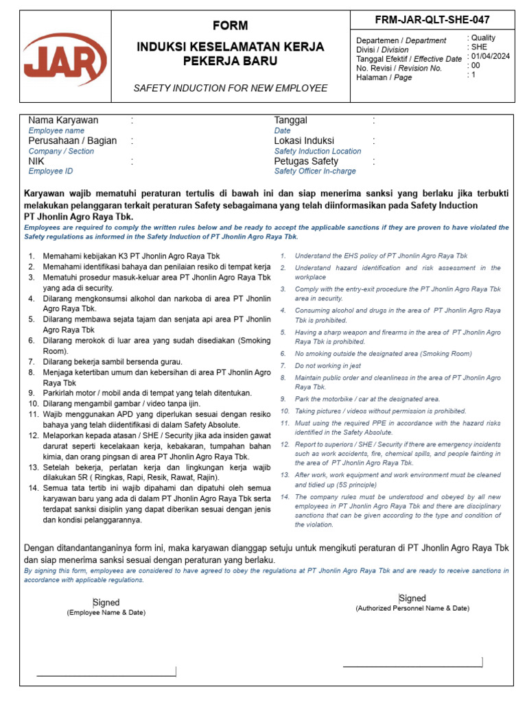 FRM-JAR-QLT-SHE-047 Safety Induction For New Employee | PDF