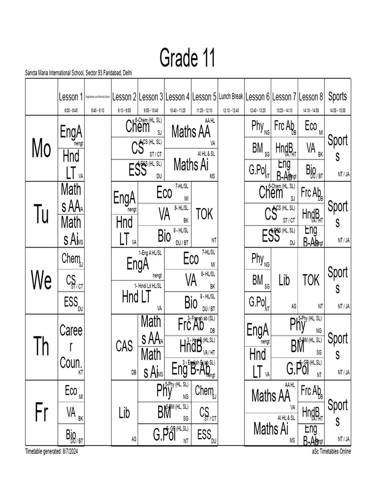Grade 11 Timetable Overview 2024 | PDF