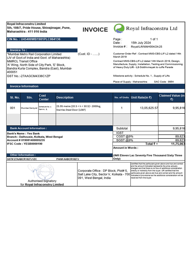 INR Invoice-No.-4 (2024-25) - For 90% Supply of 1 Lift | PDF ...