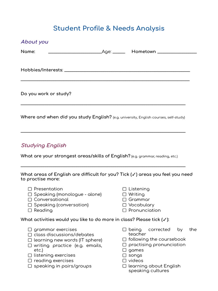 Student English Needs Assessment Form | PDF | English Language | Vocabulary
