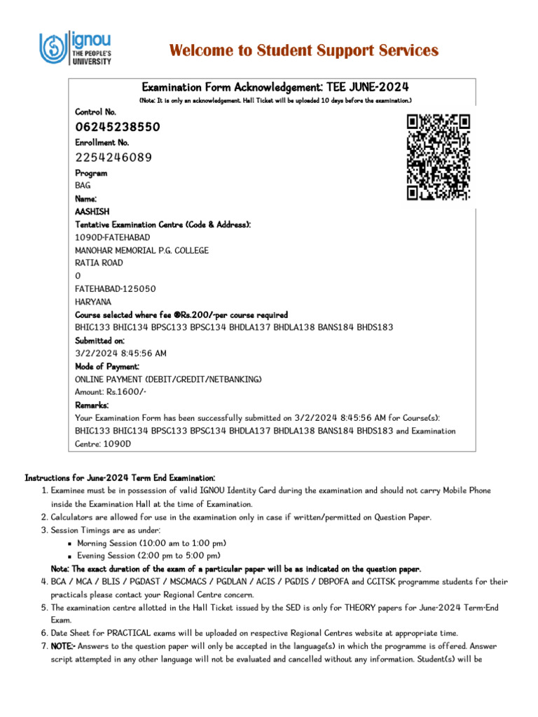 IGNOU - Examination Form Acknowledgement | PDF | Banking Technology ...