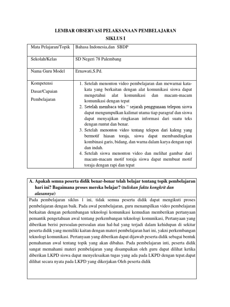 Tugas 01.05.6-B4-5 Unggah LK 4 - Lembar Observasi Pembelajaran - Siklus 1 | PDF