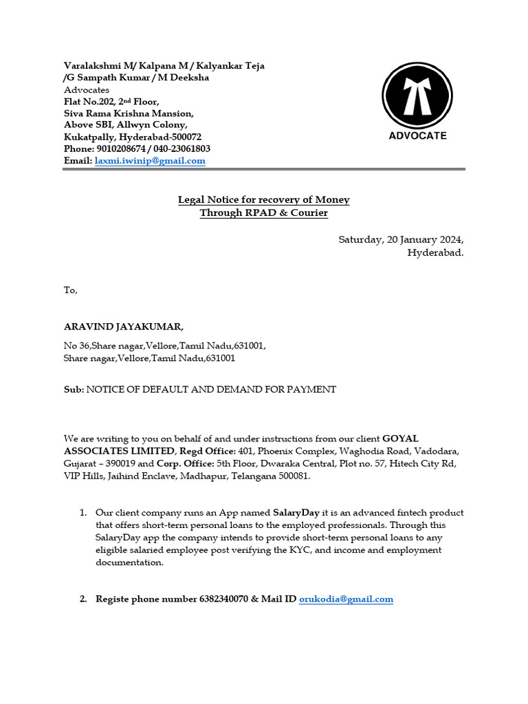 Legal Notice For Recovery of Money Through RPAD & Courier: Saturday, 20 ...