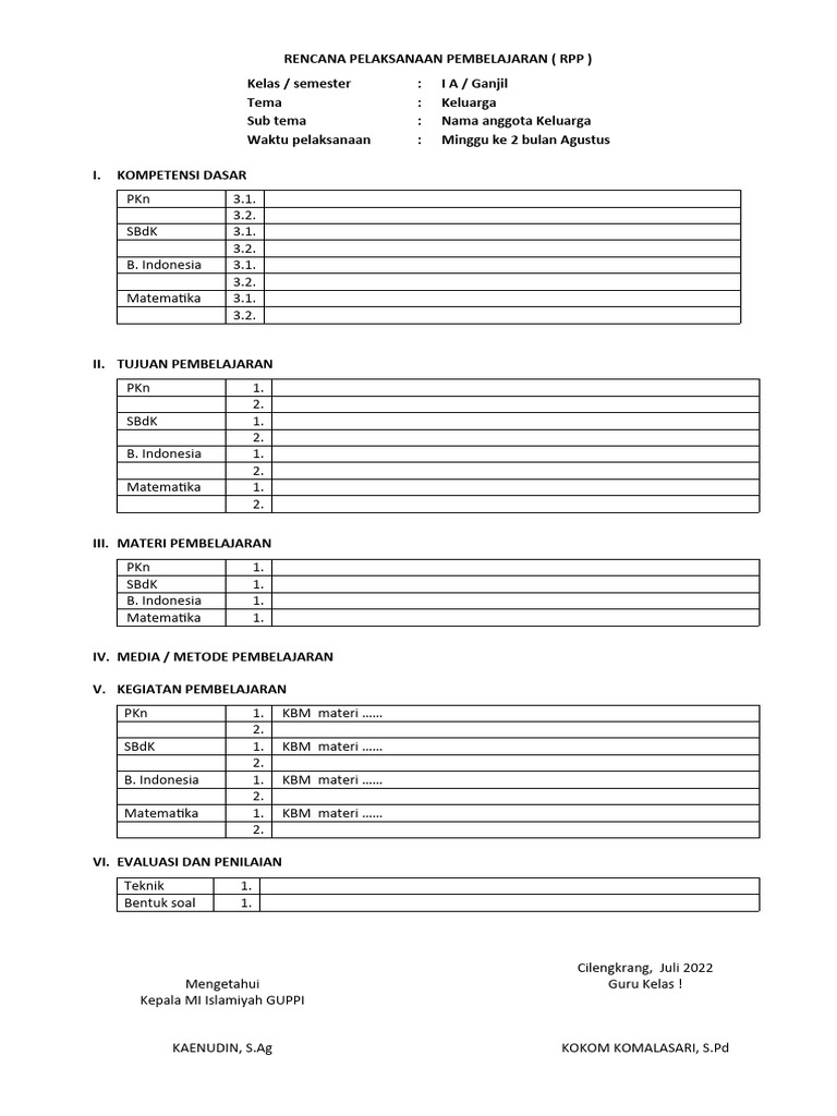 RPP Kelas 1: Tema Keluarga & Wudhu | PDF