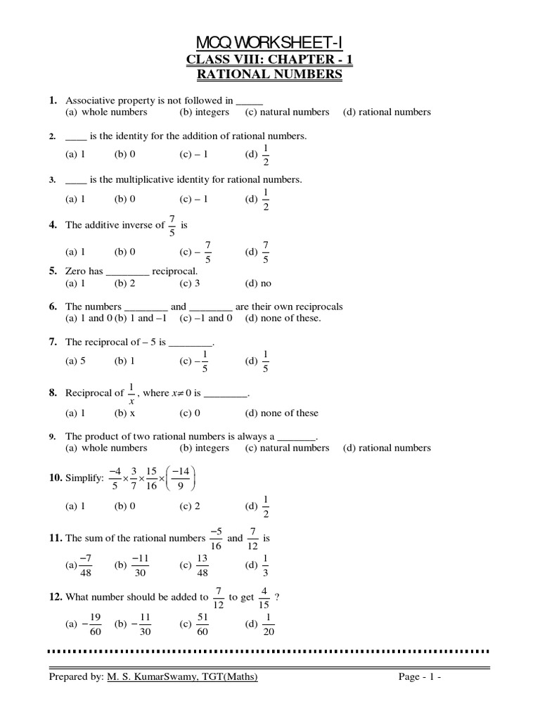 Class VIII Rational Numbers MCQ Worksheet | PDF | Rectangle ...