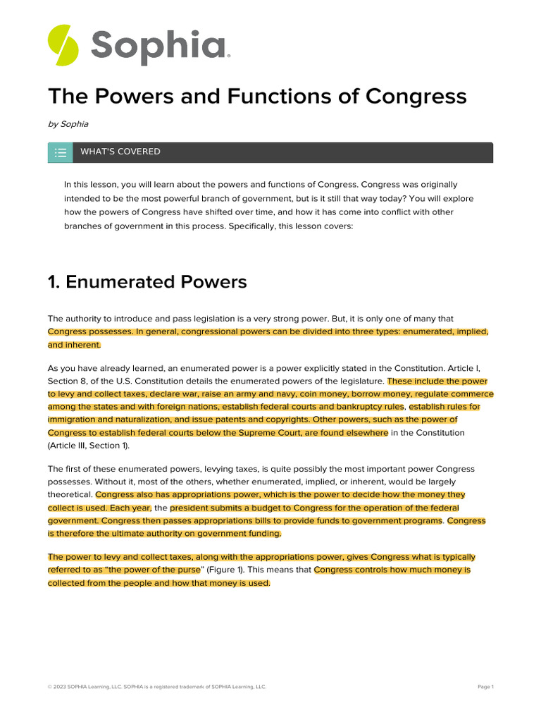 The Powers and Functions of Congress | PDF | United States Congress ...