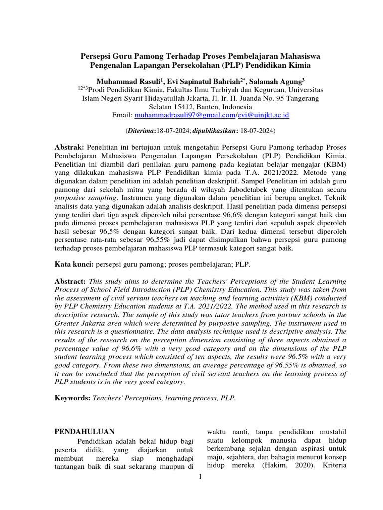 Persepsi Guru Pamong Terhadap Proses Pembelajaran Mahasiswa Pengenalan Lapangan Persekolahan ...