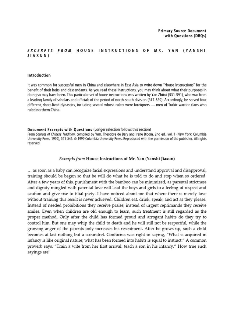 Excerpts From House Instructions of Mr. Yan (Yanshi Jiaxun) | PDF