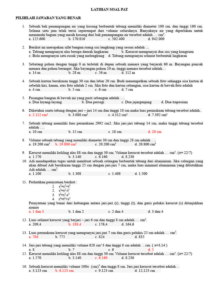 Latihan Soal Pat MTK 2024 | PDF | Metode & Bahan Ajar | Griya & Taman