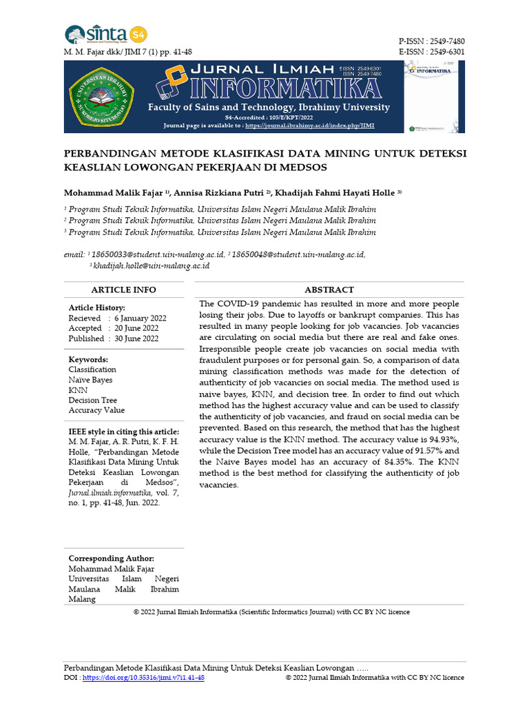 Perbandingan Metode Klasifikasi Data Mining Untuk Deteksi Keaslian Lowongan Pekerjaan Di Medsos ...