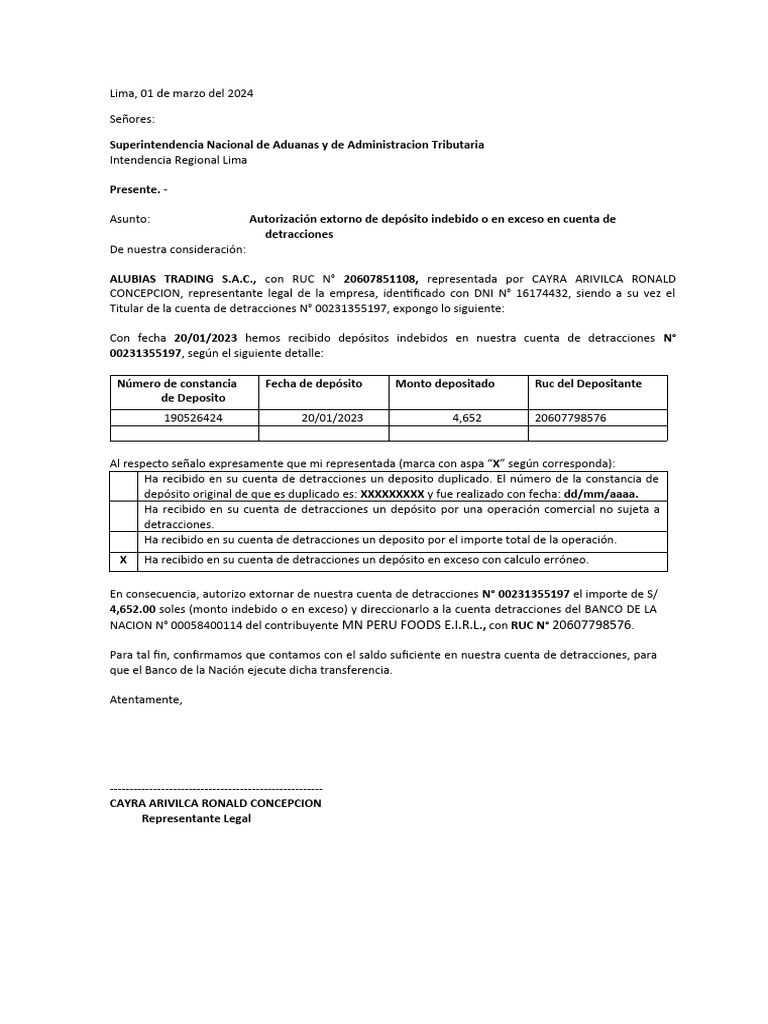 CARTA SOLICITUD DE EXTORNO | PDF