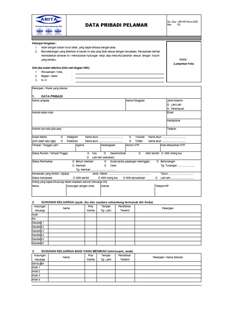 Formulir Data Pribadi Pelamar Kerja | PDF