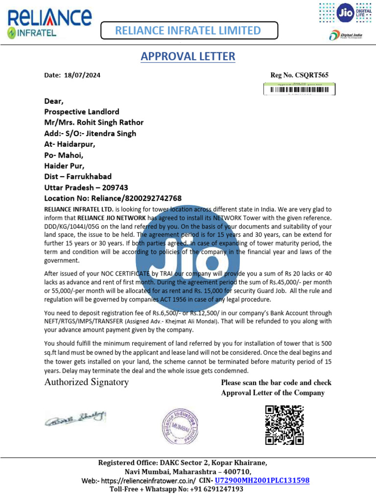 Approval Letter Reliance Infratel Limited | PDF