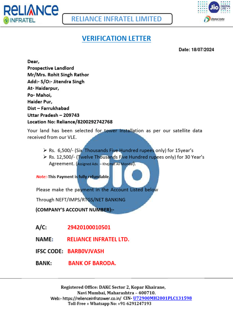 Verification & Account Detail Reliance Infratel PVT - LTD (Repaired) | PDF