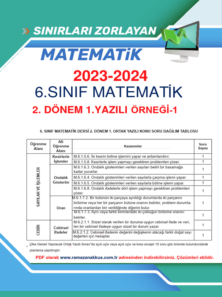 Sinirlari Zorlayan Matemati̇k 6. Sinif 2. Dönem 1. Yazili Örneği̇ -1 | PDF