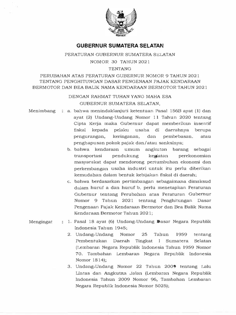 Pergub Sumsel No 30 Tahun 2021 | PDF
