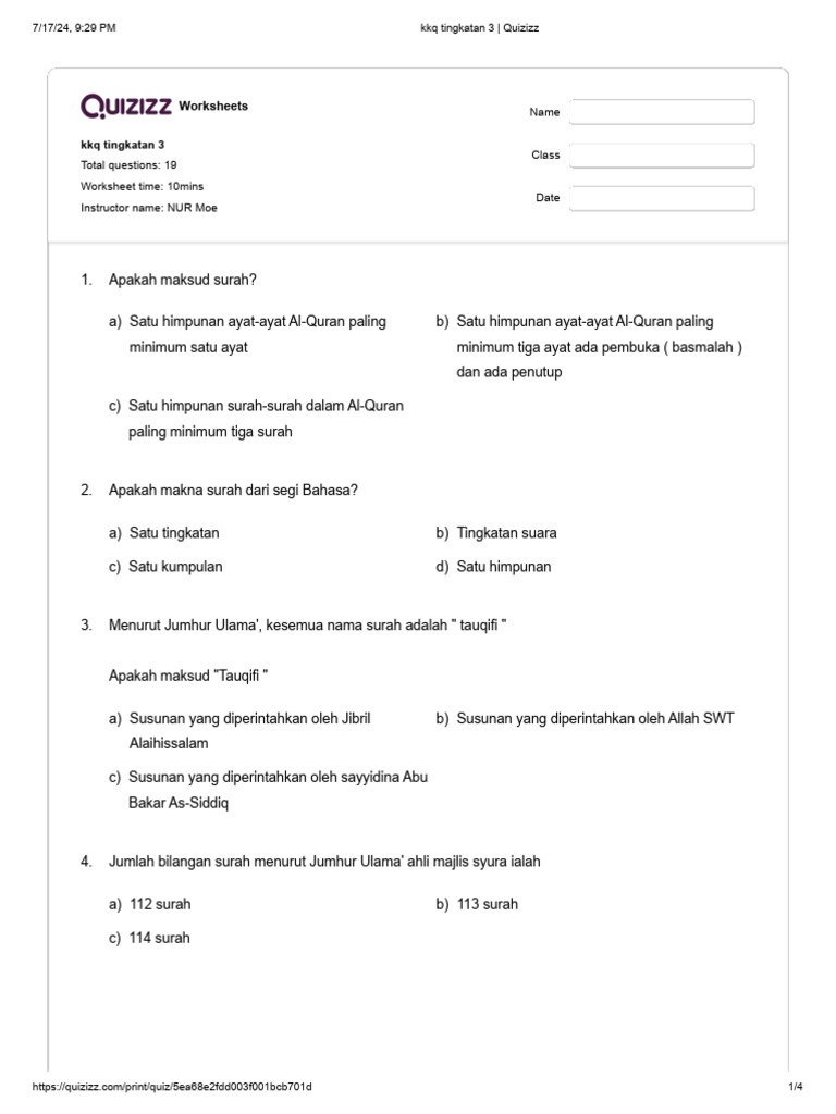 KKQ Tingkatan 3 - Quizizz | PDF