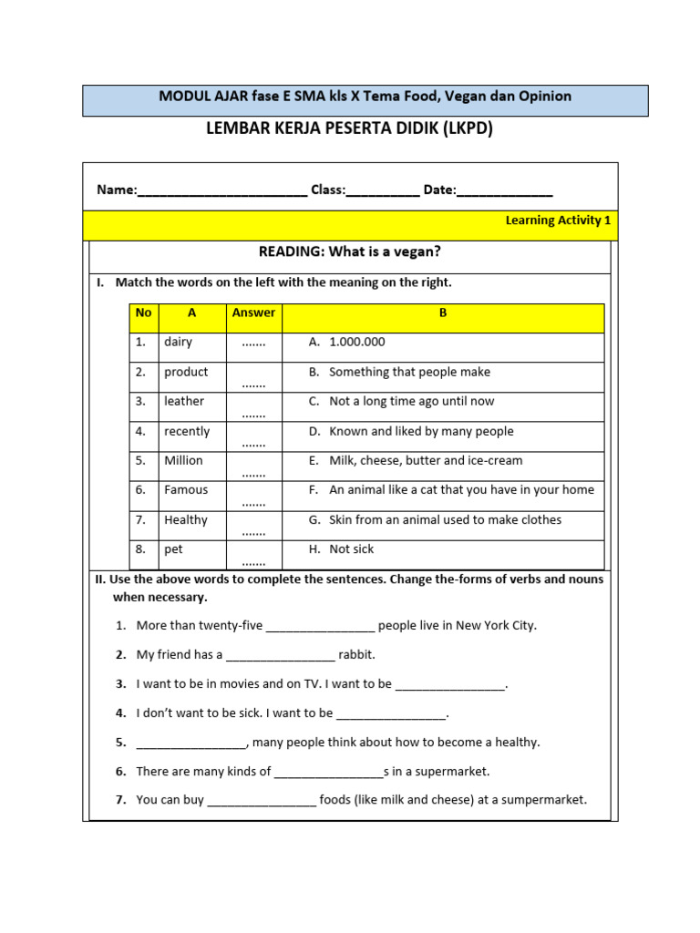 3624 - Latihan Asesmen - Modul Kelas X Fase E SMA - Tema Food, Vegan ...