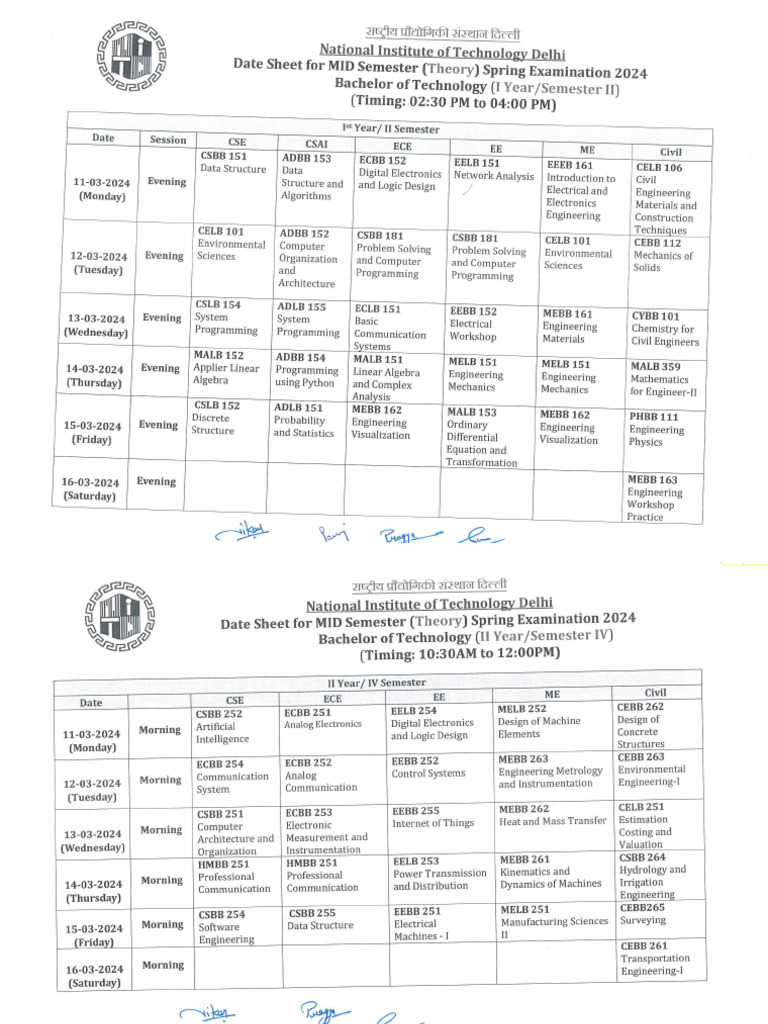 Mid Sem Timetable | PDF