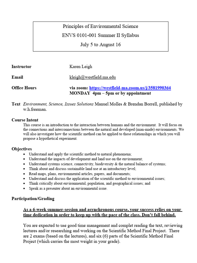 Principles of ENVS Summer Session 2 2023 Syllabus | PDF | Hypothesis | Experiment